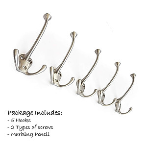 Ambipolar 5 Pack TriLeg Hook, Heavy Duty Big Triple Leg/Double Coat Hooks Base. Entryway Coat Hooks, Scarf and Jacket Hangers.Perfect Bath Towel Heavy Hooks (5 Pack, Satin Nickel)