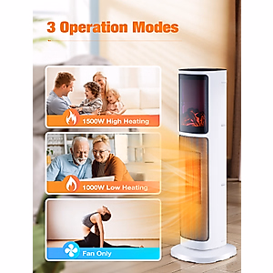 Tower Space Heater for Room, Indoor Electric Space Heater, 3 Modes & Thermostat, 90° Oscillation, 12H Timer, Remote, Overheat & Tip-Over Protection, 3D Flame, Space Heater for Office/Home/Indoor