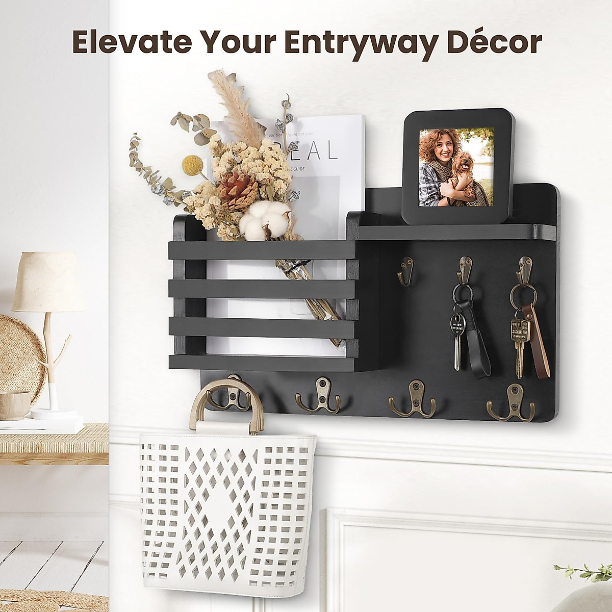 Nekon Mail Holder for Wall Mail Organizer with Key Hooks Hallway Farmhouse Decor Letter Sorter Made of Natural Pine with Floating Shelf and Flush Mount Hardware (16.8Inch x 10Inch x 3.2Inch) (Black)