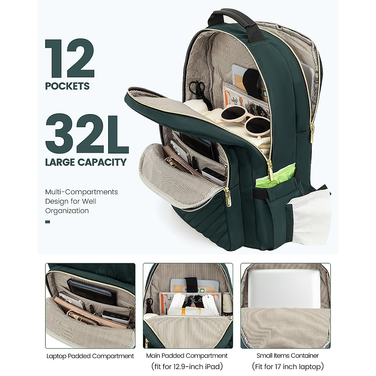 LOVEVOOK Laptop Backpack for Women, Large Capacity Travel Computer Work Bag with 17-inch Laptop Compartment, Business Nurse Backpack Purse, Hiking Outdoor Carry On Backpack, Deepgreen