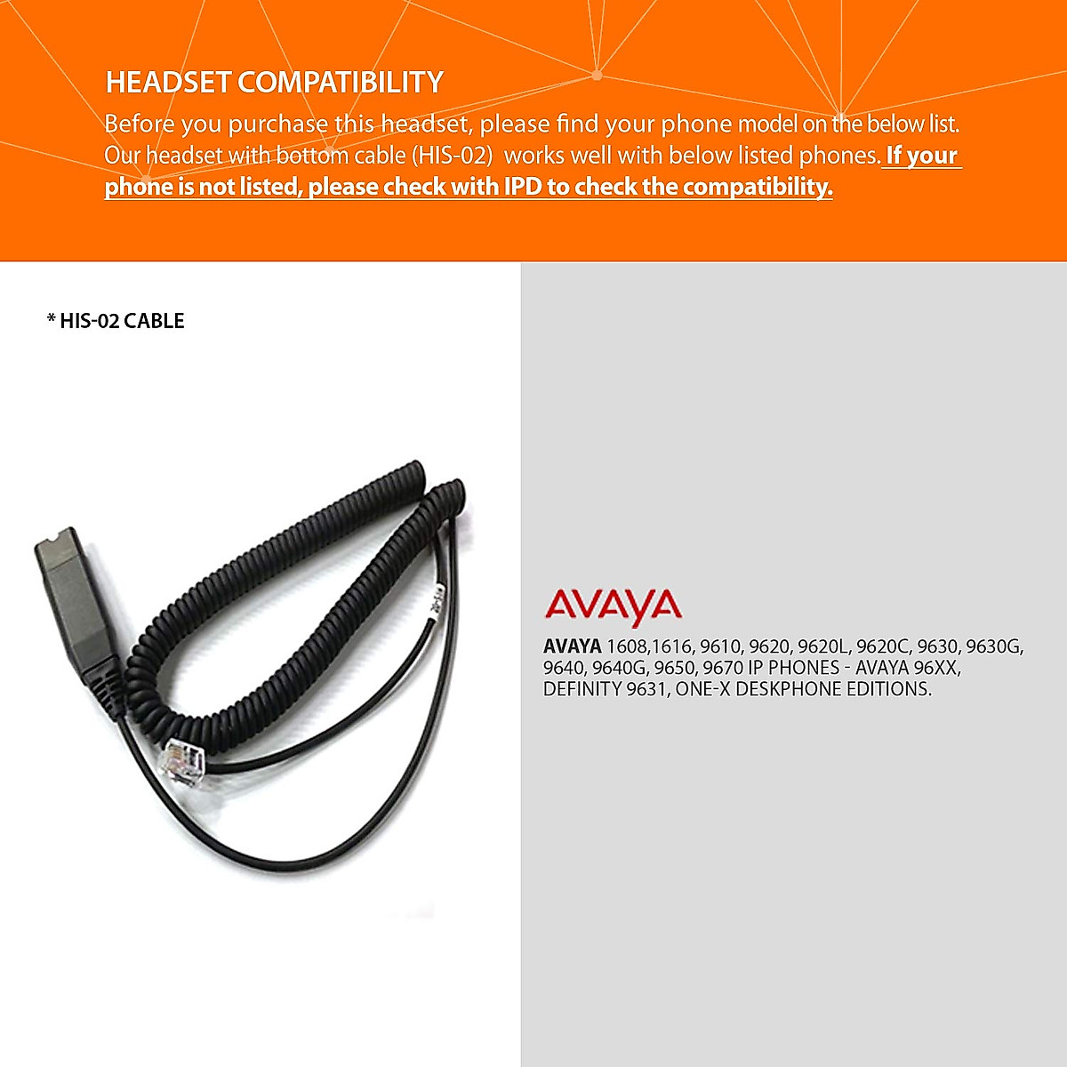 IPD IPH-255 Phone Headset with Noise cancelling Microphone for Office and call center-Compatible with Avaya 1608 1616 9601 9608 9611 9611G 9620 9621 9630 9631 9640 9641 9650 9670 J139 J159 J169 J179
