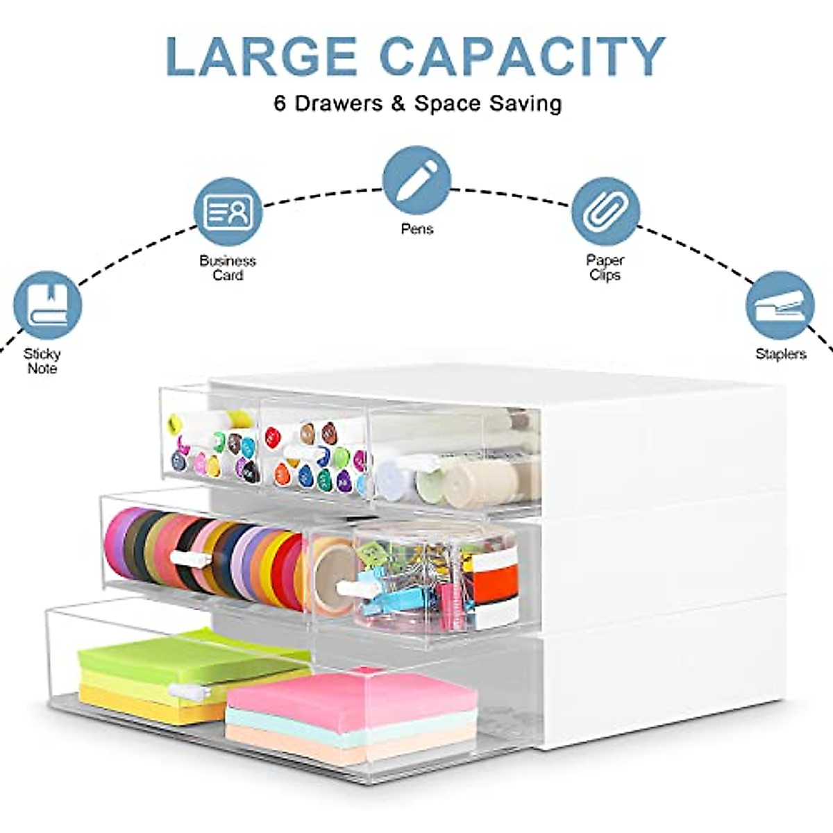 MAYGIBYE Desk Organizer with 6 Drawers, Rectangular Desktop Drawers, Plastic Makeup Storage,Detachable Design Holder Desk Organizer and Accessories, Suitable for Office, School, Home (White)