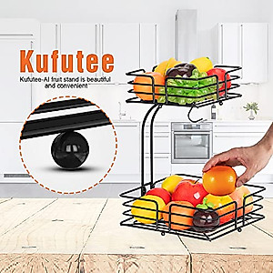 Kufutee 2 Tier Countertop Fruit Basket,Vegetables Bowl Storage With Banana Hanger,Black