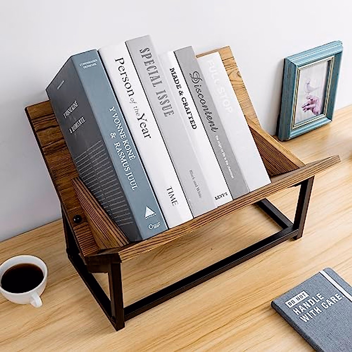 MyGift Rustic Burnt Solid Wood and Industrial Matte Black Metal Tilted Book Display Rack Shelf, Desktop Storage Organizer Bookshelf, Decorative Standing Bookcase