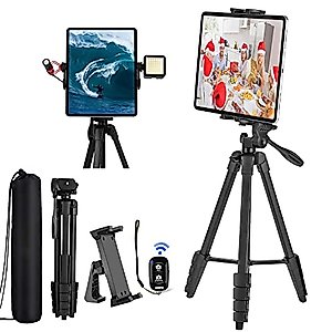 67 inTablet Ipad Tripod Stand Holder with Shutter and Cold Shoe Mount for iPad Pro 12.9/11 Air Mini, iPhone Galaxy, Applied Video Recording, Live Stream, Watching, 4~15 inch Devices