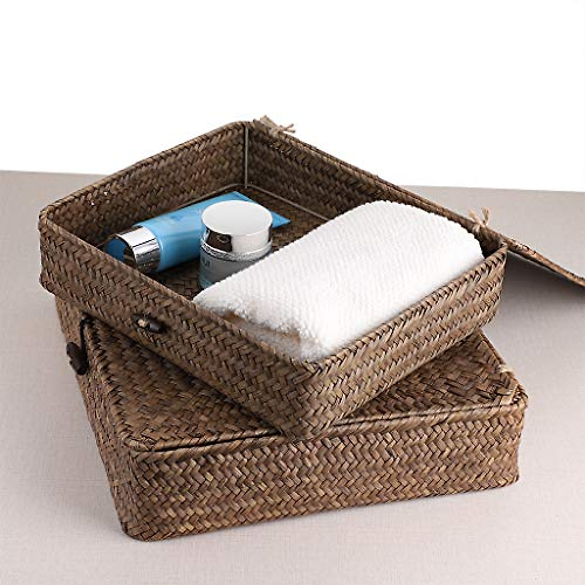 Hipiwe Set of 2 Flat Woven Wicker Storage Bins with Lid Natural Seagrass Basket Boxes Multipurpose Home Organizer Bins Boxes for Shelf Organizer (Coffee)