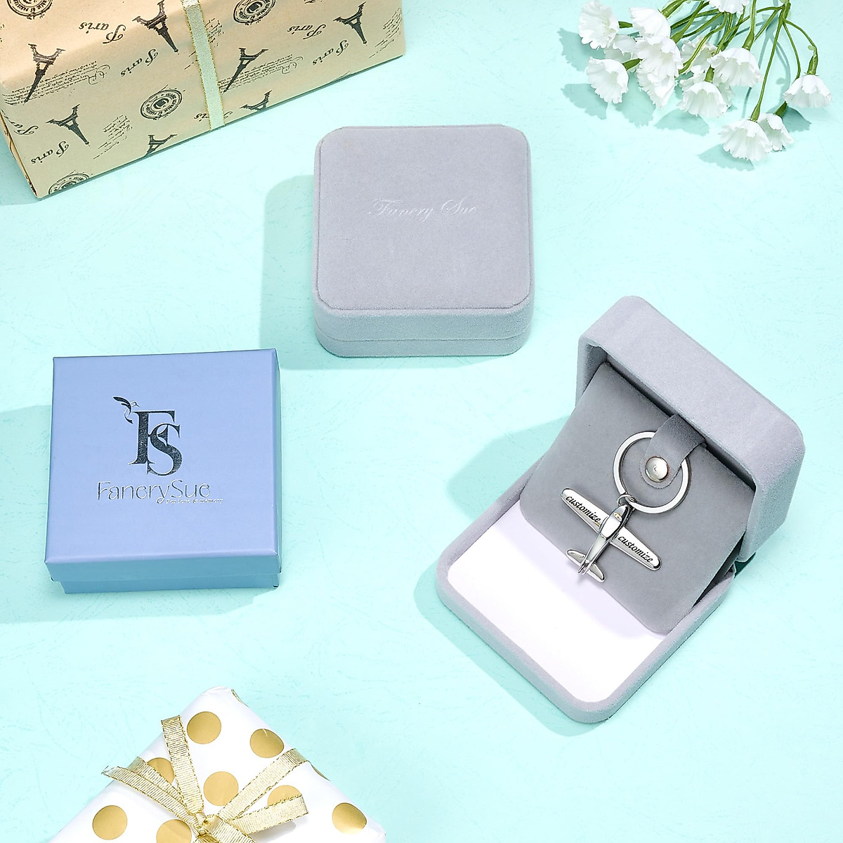 Fanery Sue Custom Airplane Keychain Personalized Key Chains 3D Engraved with Names Stainless Steel Flight Attendant Essentials Gifts for Airplant Retirement Party Travel Birthday Christmas