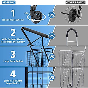Goferoy Jumbo Shopping Cart for Groceries Holds up to 115L/200Ibs,with 360°Rolling Swivel Wheels Utility Cart, Double Basket Design, ,Foldable and Easy to Carry, Saving Space,Grocery Cart on Wheels