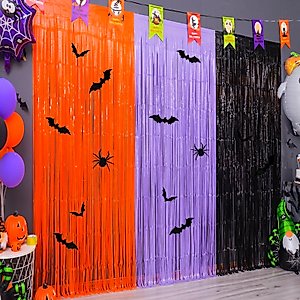 Mega-L Halloween Foil Fringe Curtains, 3 Pack Orange Purple Black Photo Booth Props, 18 Pcs PVC Bat and Spider Stickers Decals Wall Decor, Halloween Backdrop for Halloween Party Decoration