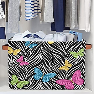 Large Collapsible Storage Bins ,Butterfly Zebra Pattern Decorative Canvas Fabric Storage Boxes Organizer with Handles，Rectangular Baskets Bin for Home Shelves Closet Nursery Gifts