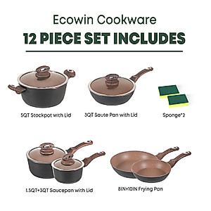 Ecowin Pots and Pans Set Nonstick 12 Pcs, Granitestone Cookware Set Nonstick, Pans and Pots Cookware Set, Induction Compatible Cooking, Dishwasher and Oven Safe,Kitchen Cookware Sets PFOA Free