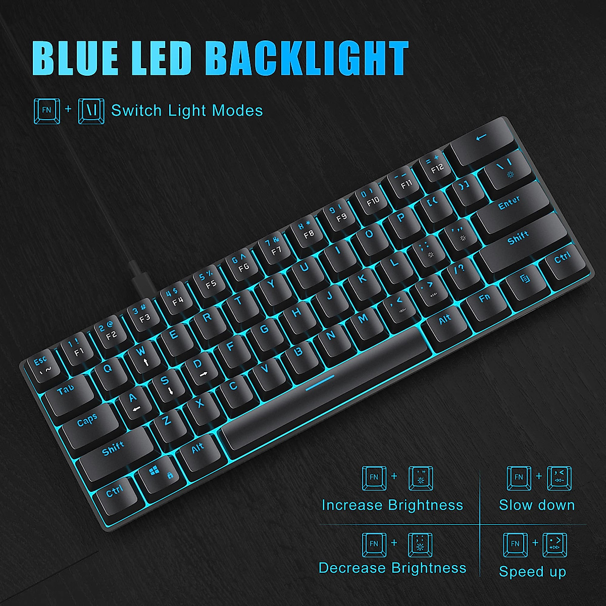 MageGee MK-Mini 60% Mechanical Gaming Keyboard, 61 Keys TKL Compact Gaming Keyboard with Blue Switches, Portable Blue LED Backlit USB Type-C Wired Office Keyboard for PC Laptop Computer, Black