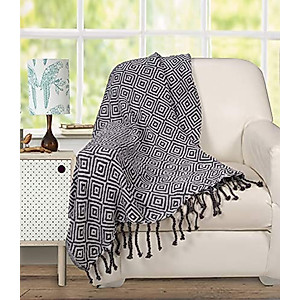 Throw Blanket With Fringes In Diamond Design 50x60 Inch - Charcoal White Cotton Throw For Sofa, Chair, Bed, & Everyday Use, Well crafted for durability, Farmhouse Throw,All Season Throw Blanket