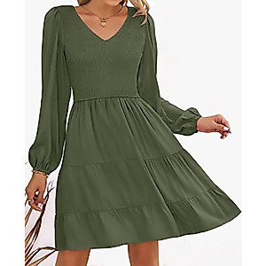 ZESICA Women's Casual V Neck Long Sleeve Smocked High Waist Ruffle A Line Tiered Mini Dress,ArmyGreen,Medium