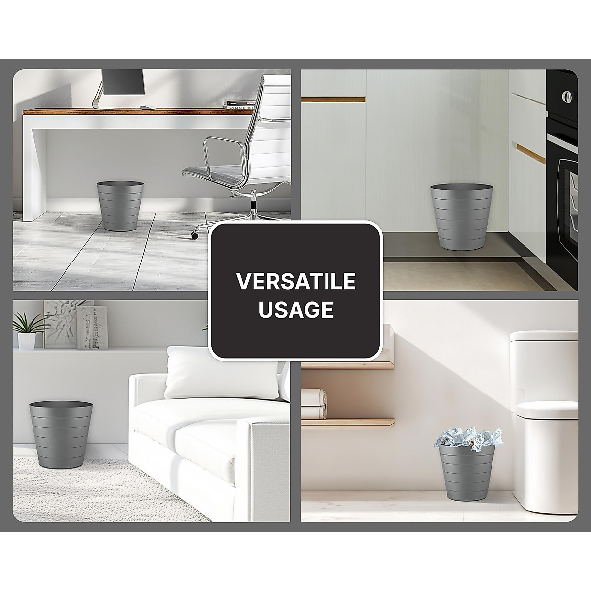 Zuvo Plastic Paper Bin 8L - Shatter-Proof Waste Basket for Office Desk & Bedroom Bin - Ideal Paper Bin with Wave Design - Grey