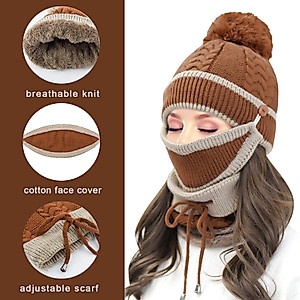 Winter Knit Beanie Hat Scarf Set with Face Cover Touchscreen Gloves for Women, Pom Slouchy Skull Cap with Fleece Lined