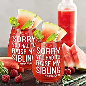 Waipfaru Sorry You Had to Raise My Sibling Stemless Wine Glass, Funny Mom & Dad Wine Glass, Gifts Idea for Mom & Dad Mother on Christmas Birthday Mother’ s Day Father’ s Day, Mom & Dad Gift, 15Oz