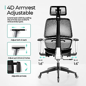 LINSY HOME High-Back Office Chair, Swivel Ergonomic Task Chair with Adjustable Headrest and Arms, Lumbar Support and PU Wheels, Computer Mesh Chair for Home Office, Black