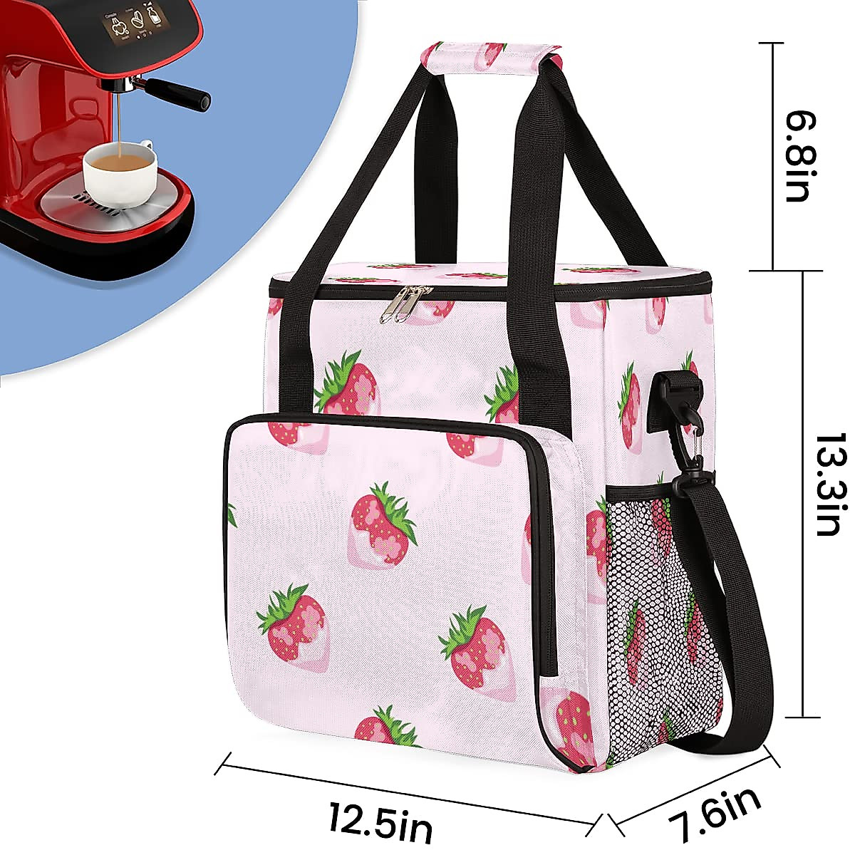 Pink Cute Strawberry Coffee Maker Carring Bag Travel Storage Tote Bag Compatible with Keurig K-Mini or K-Mini Plus Portable Single Serve Coffee Brewer Case with Pockets for K-cup Pods