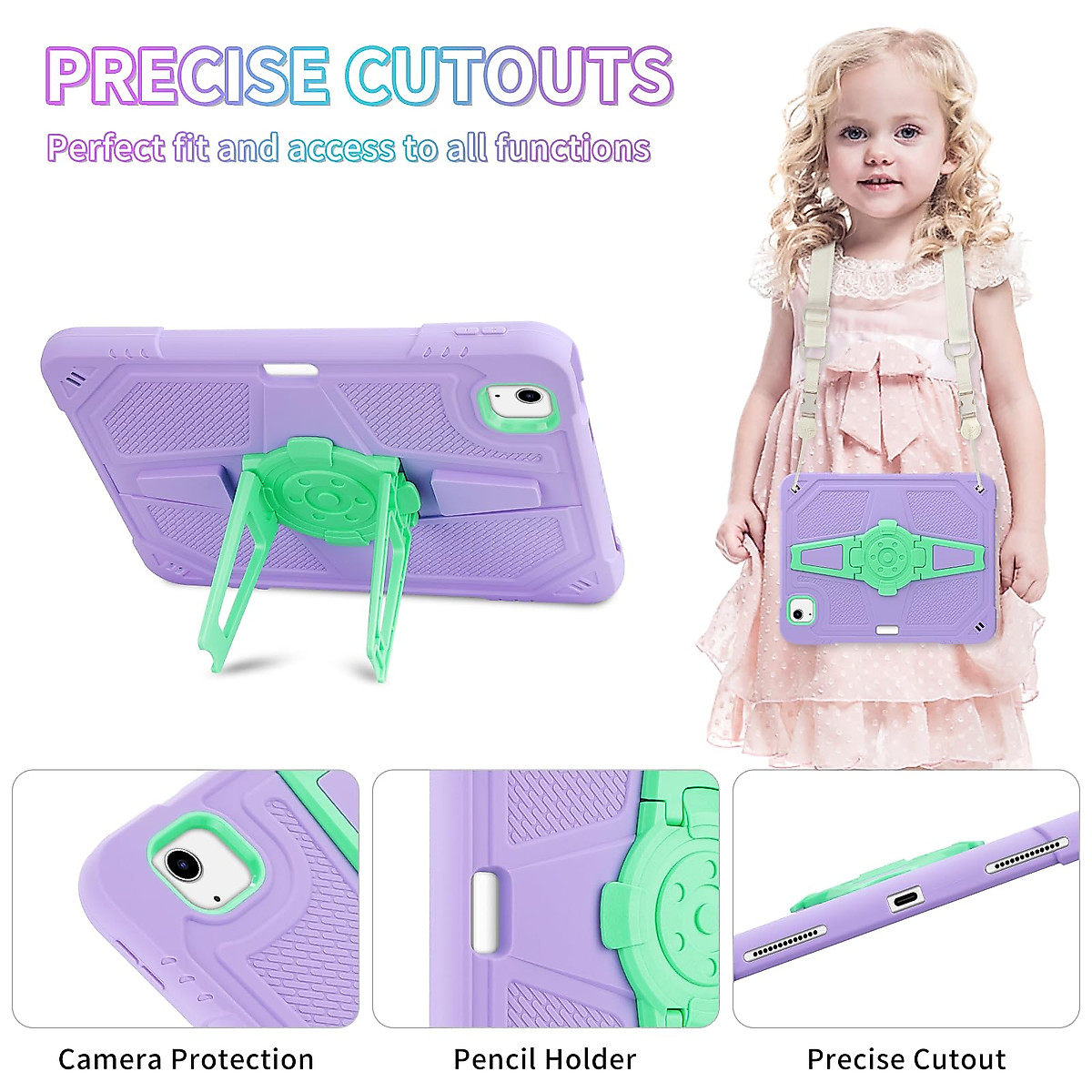 WESADN for iPad Air 5th Generation Case Pro 11 Inch Case 4th/3rd/2nd/1st with Screen Protector Foldable Kickstand Shoulder Strap Pencil Holder for Kids Girls Rugged Cover for iPad Air 4 Purple Teal