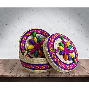 2-Pack Genuine Mexican Handwoven Tortilla Basket, Fiesta Mexican Tortilla Warmer, Tortilla Holder, Tortillero, Palm Straw Baskets Handmade in Mexico, Mexican Bowls (1, Floresita)