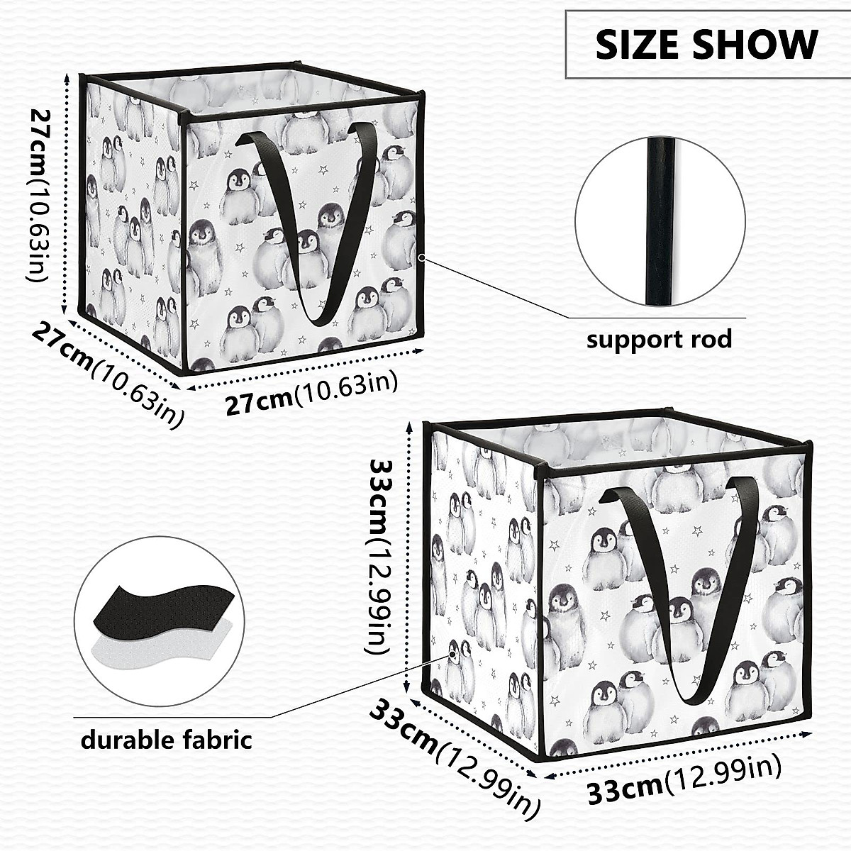 Emelivor Cute Penguin Storage Bin, 13x13x13 Inches, Polyester, Waterproof, Durable, Portable, Multi-Purpose Laundry Hamper, Easy to Clean