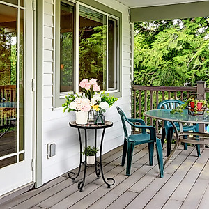 VINGLI Mosaic Outdoor Side Table, 14" Round End Table, Accent Table, Ceramic Tile Top Black Iron,Brown Flower