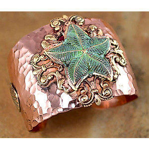 Elaine Coyne Collectible Artwear Forged Copper and Patina Brass Neo-Oceania Starfish on Filigree with Scallop Shells Dynamic Cuff