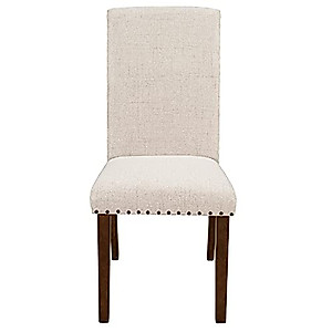 Winwee Dining Chairs with Copper Nails and Solid Wood Legs Upholstered Armless Dining Chair with High Back Upholstered Stools, Cotton-Linen Blend Fabric Set of 2 (Beige)
