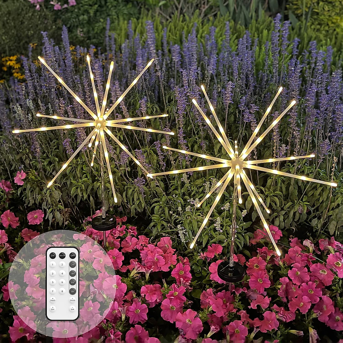 2 Packs Outdoor Solar Firework Lights Solar Powered Starburst Lights LED String Lights with Remote, 8 Lighting Modes Star Lights, Christmas Decorative Hanging Lights for Party Wedding Patio Garden