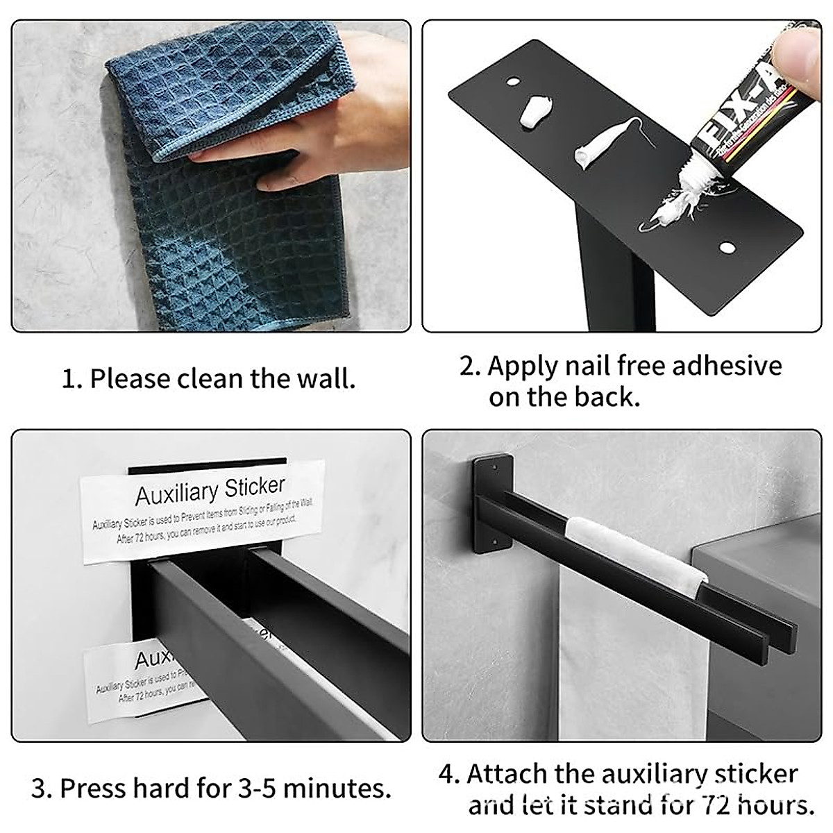 Black Premium Stainless Steel Hand Towel Holder Square Tube Horizontal Double Pole No Punching + Punching Dual Use Heavy Duty Wall Mounted Hotel Bathroom Minimalist Towel Rack