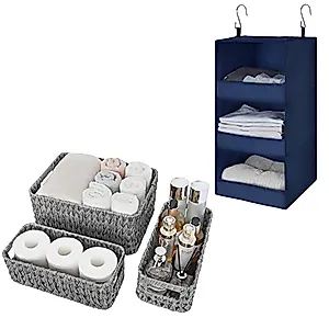 GRANNY SAYS Bundle of 3-Pack Wicker Storage Baskets for Organizing & 1-Pack Hanging Closet Organizer