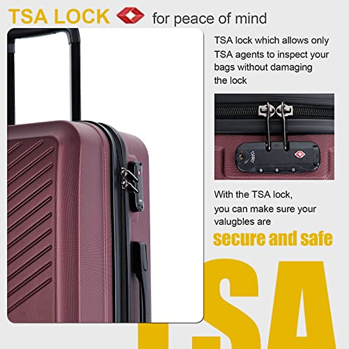 Tripcomp Luggage Sets Wear-Resistance Hardside Lightweight Suitcase Double Spinner Wheels, TSA Lock,Two Hooks, Scratch-resistant Carry-on,3 Piece Set(20inch 24inch 28inch) (Claret-red)