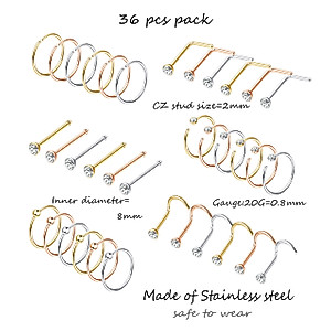 MILACOLATO 36Pcs Nose Rings for Women 20G 316L Stainless Steel Nose Rings Hoops Screw Straight L Shape Nose Studs Hypoallergenic CZ Nostril Cartilage Lip Tragus Nose Piercing Jewelry for Women Men