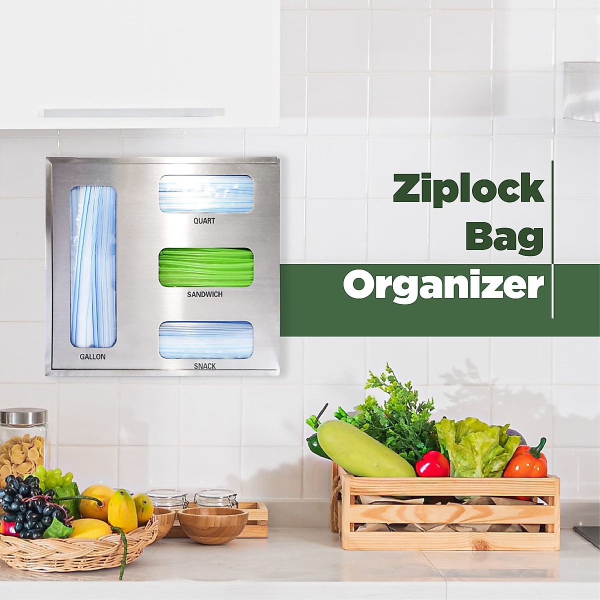 Anywills Ziplock Bag Storage Organizer for Kitchen Drawer, Stainless Steel Ziplock Bag Organizer for Drawer Compatible with Gallon, Quart, Sandwich and Snack Variety Size Bag (1 Box 4 Slots)