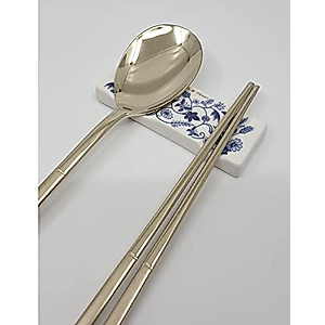 Korean Chopsticks Spoon 2 Set - METAL STAINLESS STEEL Titanium Plating -Printed Hangul Characters (Bamboo-Gold 1set)