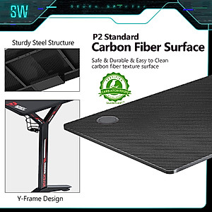 SEVEN WARRIOR Gaming Desk 55INCH with Power Outlet & Dual Monitor Mount, Carbon Fiber Surface Computer Gamer Desk with Full Desk Mouse Pad, Ergonomic Y Shaped Gamer Table with Outlet Organizer