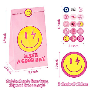 AellasNervalt 26Pcs Preppy Party Favor Bag with Stickers Y2k Hot Pink Smile Face Tiger Goodie Bags Paper Treat Bag Candy Gift Bags Supplies for Teen Girls Birthday Bachelorette Early 2000s Theme Party