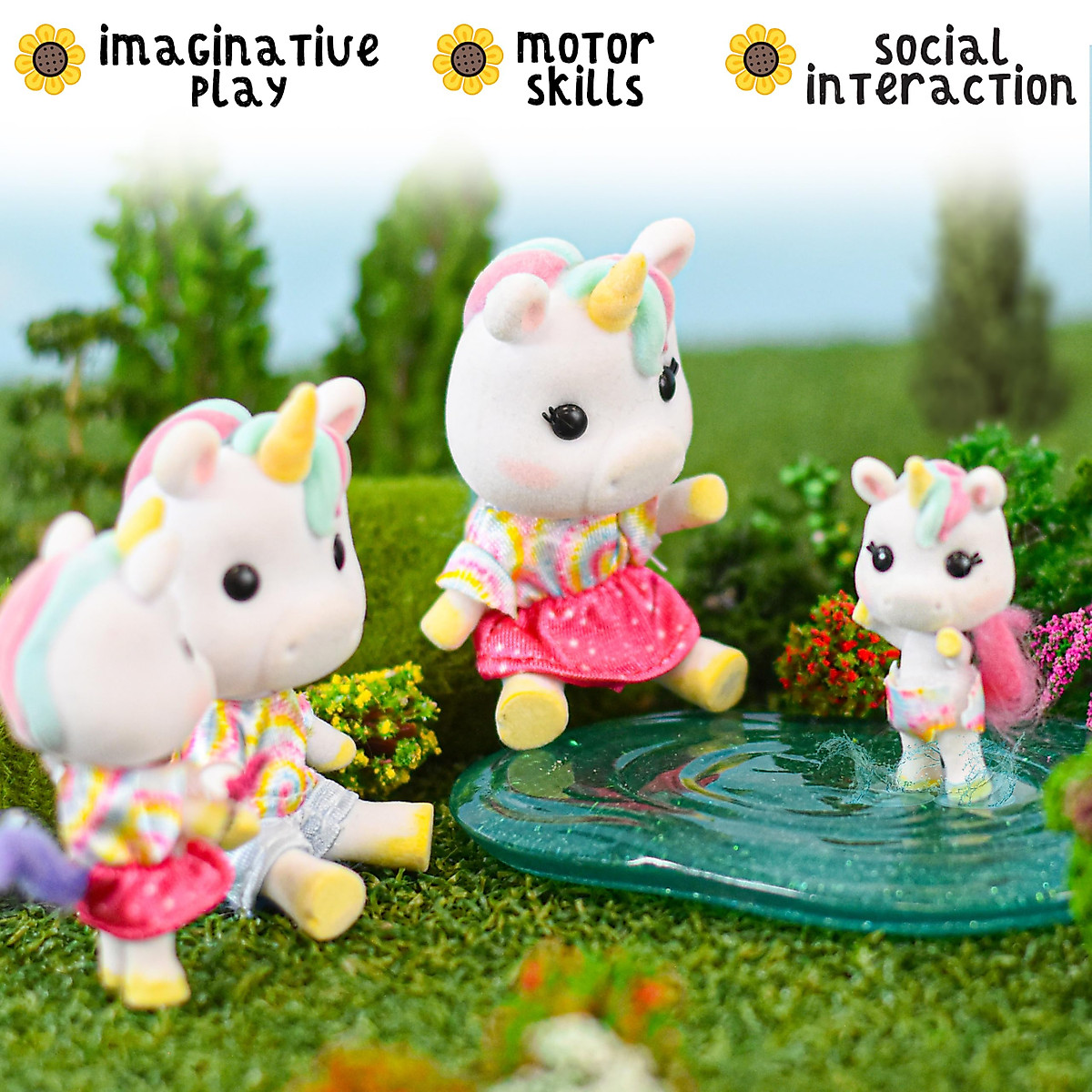 Sunny Days Entertainment Honey Bee Acres Rainbow Ridge Daydreamers Unicorn Family – 4 Miniature Flocked Dolls | Small Fantasy Collectible Figures | Pretend Play Toys for Kids