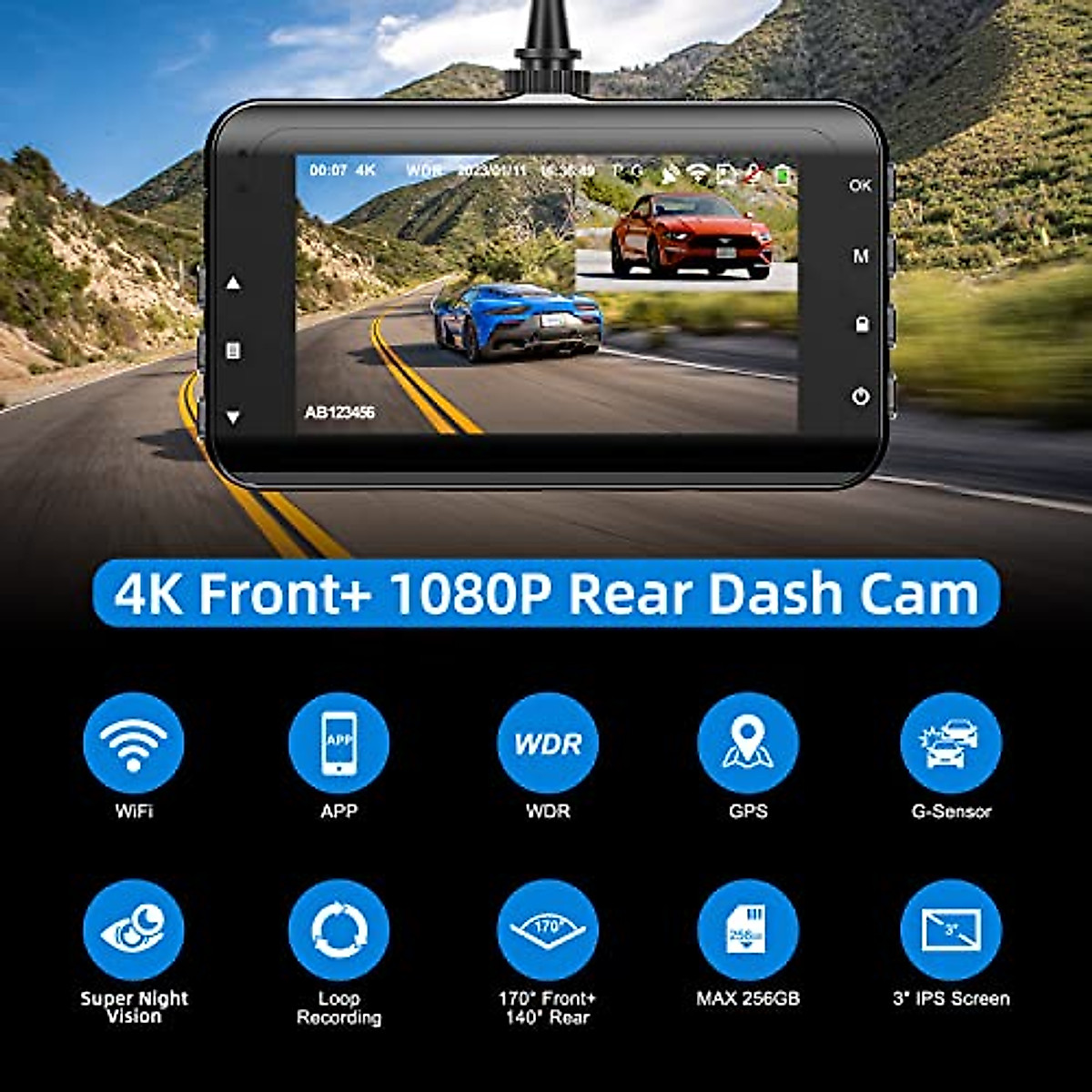 Edospor 4K Dash Cam Front and Rear Built in WiFi GPS Dash Camera for Cars 3'' IPS Screen with 64GB SD Card,170°Wide Angle,WDR,Night Vision,Parking Monitor,Support 256GB Max,Front 4K/2.5K Rear 1080P