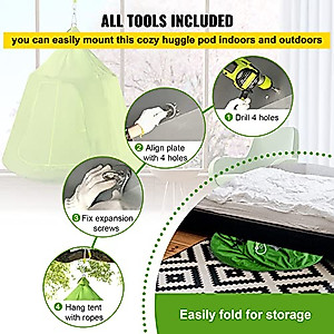 VEVOR Hanging Tree Tent, Max.440lbs Capacity, Tree Tent Swing Hangout Hugglepod with LED Rainbow Decoration Light Inflatable Cushion, Ceiling Hammock Tent for Kids & Adult Indoor Outdoor, Green