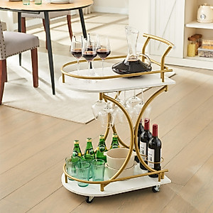 JOIN IRON Gold Bar Cart, 2-Tier Home Bar Serving Cart with Wheels, Wine Rack & Glass Holder, Mobile Beverage Cart for Kitchen, Dining Room, and Living Room (Gold2)
