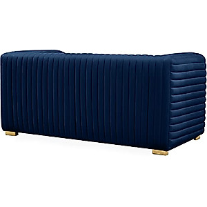 Meridian Furniture 640Navy-L Ravish Collection Modern | Contemporary Velvet Upholstered Loveseat with Deep Channel Tufting + Both Gold & Chrome Legs Included