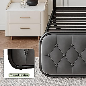 Feonase Queen Bed Frame, Heavy Duty Bed Frame with Buton Tufted Headboard, Upholstered Platform Bed with Strong Metal Slats, 12" Under-Bed Storage, Noise-Free, Easy Assembly, Grey