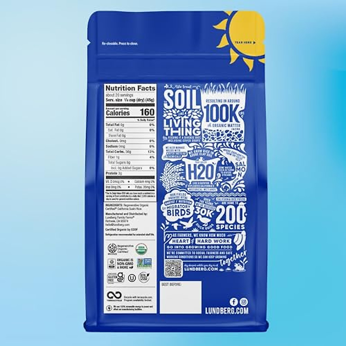 Lundberg Organic California Sushi Rice - Short Grain Rice, White Japanese-Style Sticky Rice for Perfect Sushi Rolls, Rice Bowls, and Mochi, White Rice Grown in California, 32 Oz