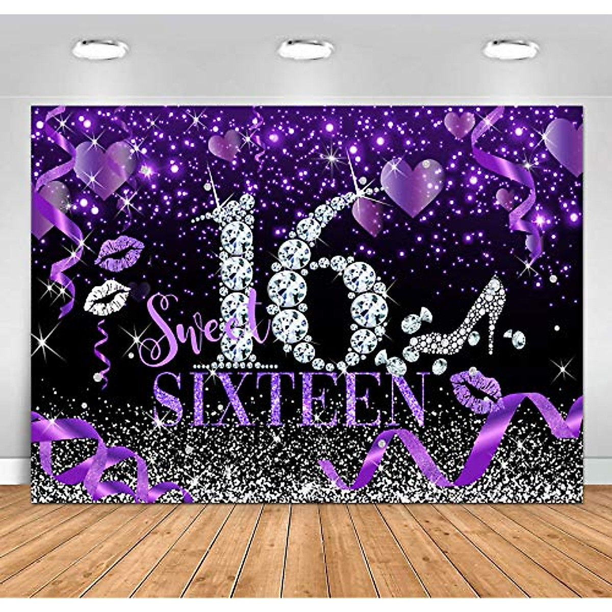 Sensfun Sweet 16 Silver Purple Bokeh Glitter Backdrop 7x5ft for Girls Happy 16th Birthday Party Decorations Banner Diamonds High Heels Sweet Sixteen Photography Photo Booth Props Supplies Background
