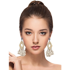 meekoo 2 Pairs Rattan Tassel Earrings Bohemian Statement Woven Dangle Fringe Earrings Ethnic Tassel Drop Earrings Vintage Jewelry for Women (Black and White)