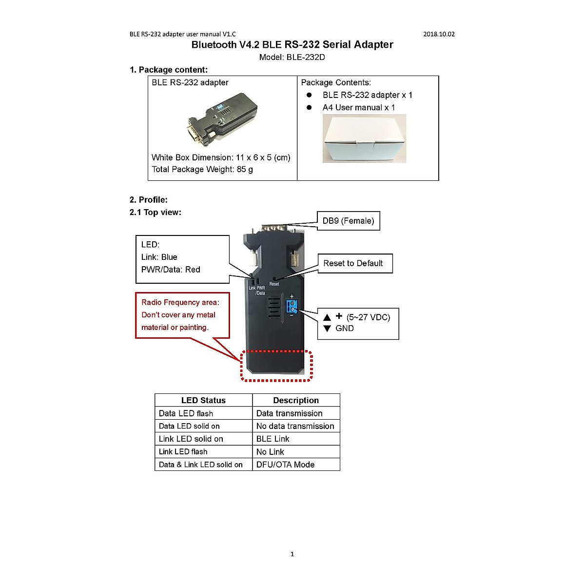 Gozens Bluetooth V4.2 BLE RS-232 Adapter Internal Chip Antenna for All OS Platform, iOS, Android, Windows or etc.