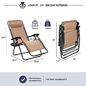 BELLEZE Zero Gravity Chairs Set of 2, Outdoor Adjustable Folding Lawn Chairs Recliner Chairs with Cup Holder Pillow, Lounge Chairs for Patio Camping Garden Beach Pool Side Deck, Beige