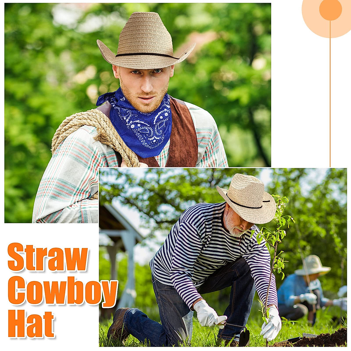 Coume 24 Sets Straw Cowboy Hats and Bandanas - Western Theme Party Costumes and Accessories Bulk Pack for Adults and Men